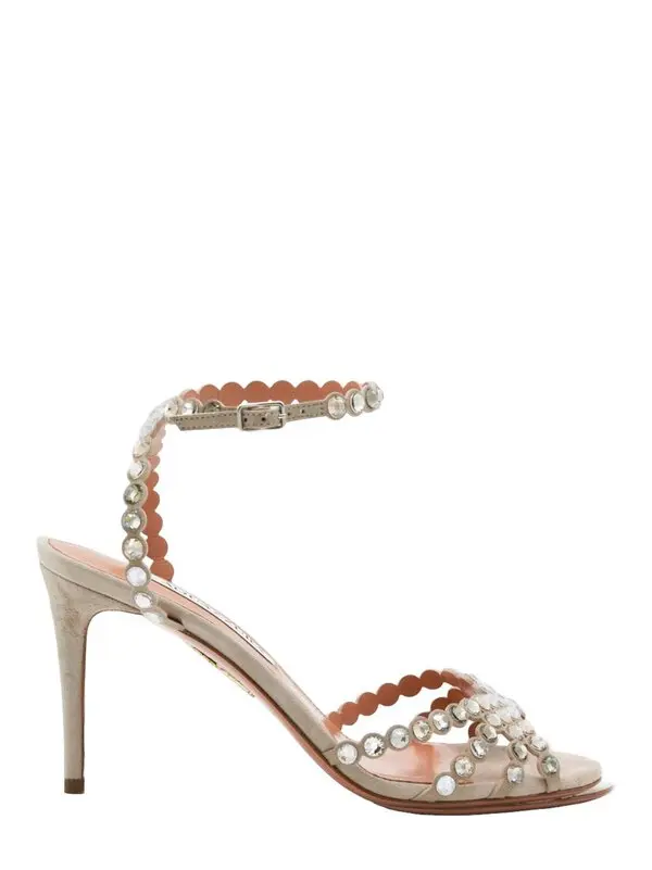 AQUAZZURA Tequila Sandals In Suede With Crystals And Stiletto Heels - Grey