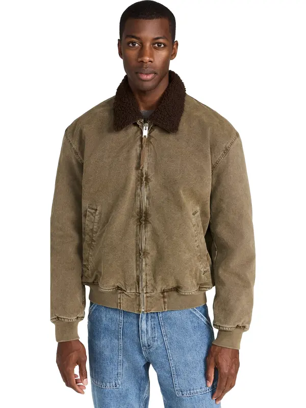 ALEX MILL Flight Jacket In Canvas With Sherpa Collar - Faded Olive