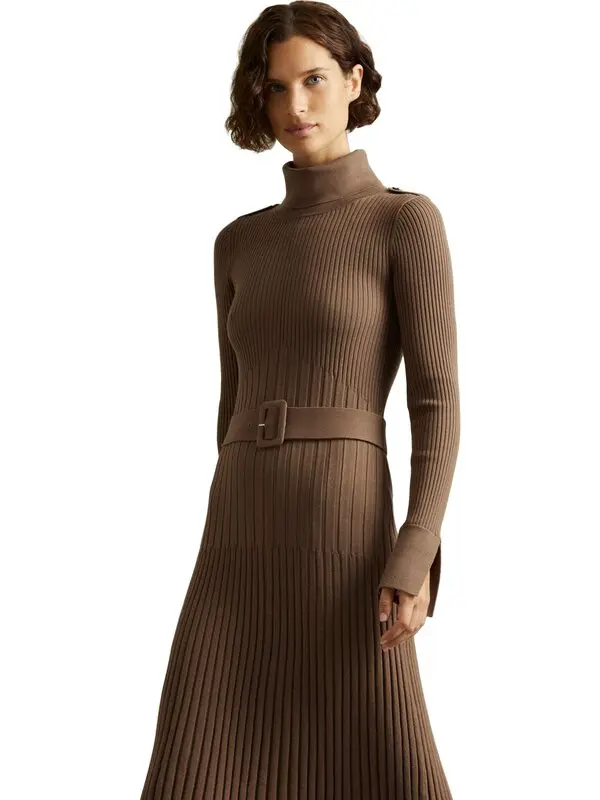 REISS Vinette Ribbed Belted Midi Dress - Mocha