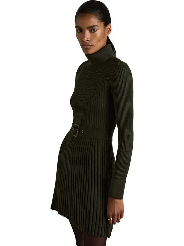 REISS Vinnie Ribbed Mini Dress - Khaki