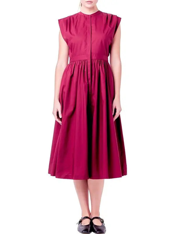 English Factory Pleated Shoulder Midi Dress - Burgundy