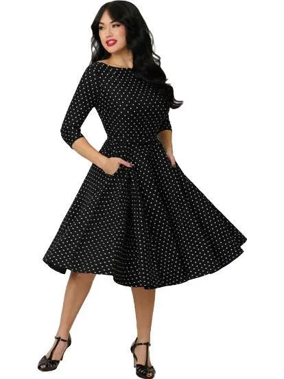 Unique Vintage Three Quarter Sleeve Belted Devon Swing Dress - Black & White Polka Dot