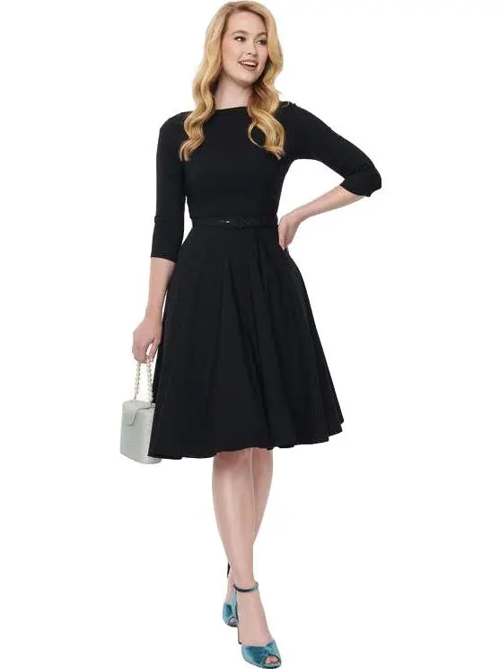 Unique Vintage Three Quarter Sleeve Belted Devon Swing Dress - Black
