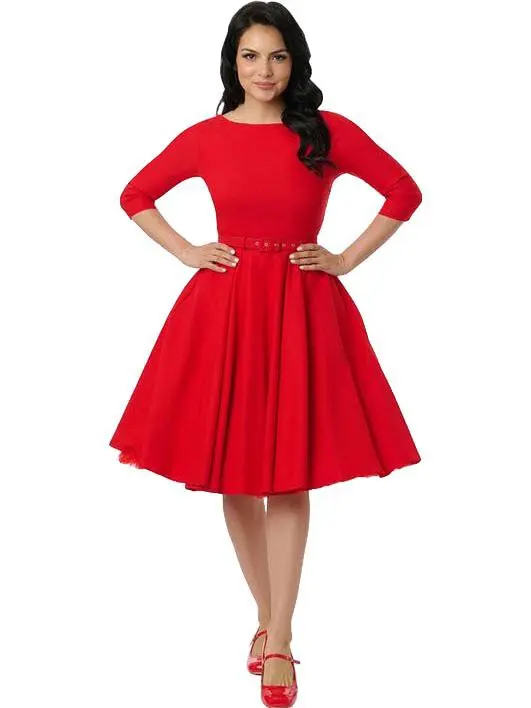 Unique Vintage Three Quarter Sleeve Belted Devon Swing Dress - Red