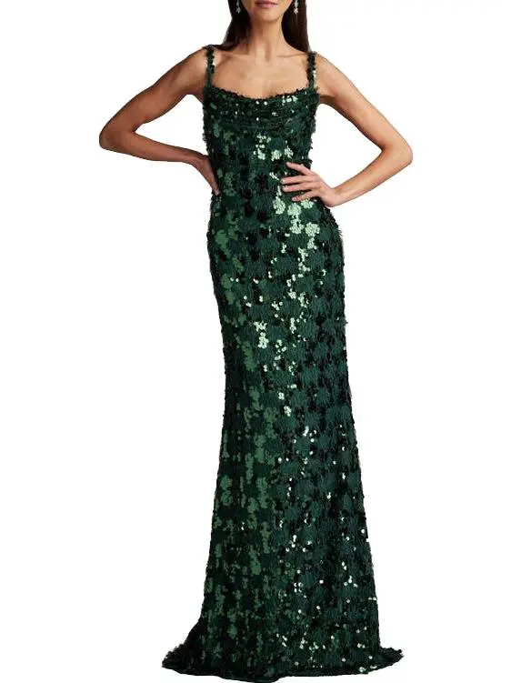 Tadashi Shoji Sequin & Fringe Gown - Jungle Green
