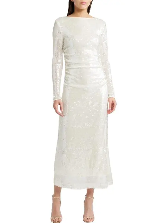 WAYF Kieran Sequin Cowl Back Long Sleeve Cocktail Dress - Ivory