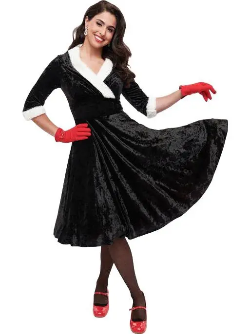 Unique Vintage Half Sleeve Surplice Delores Swing Dress - Black Velvet