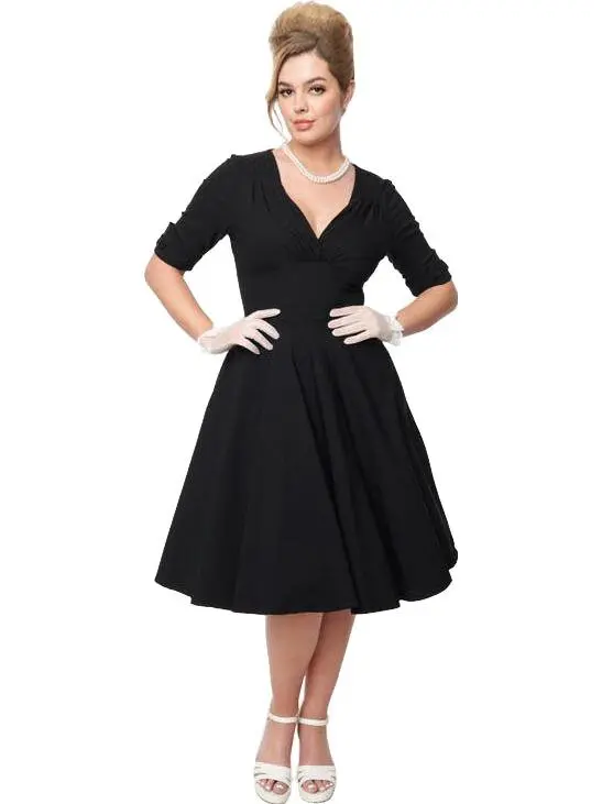 Unique Vintage Half Sleeve Surplice Delores Swing Dress - Black