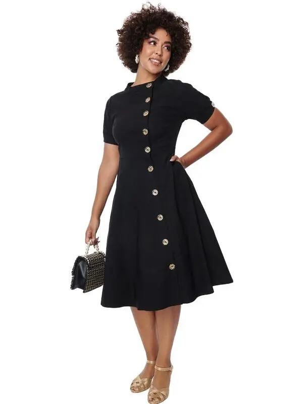 Unique Vintage Woven Swing Dress - Black