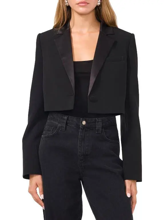1.State Satin Lapel Crop Tuxedo Blazer - Rich Black