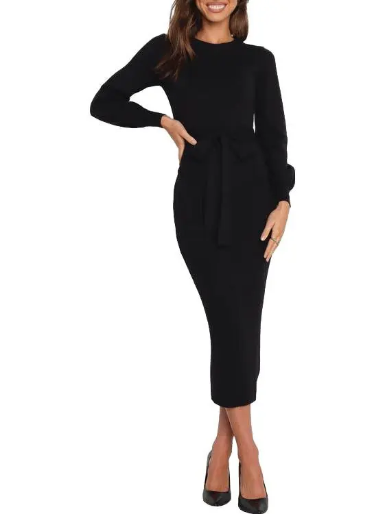 PETAL & PUP Helena Belted Long Sleeve Sweater Dress - Black