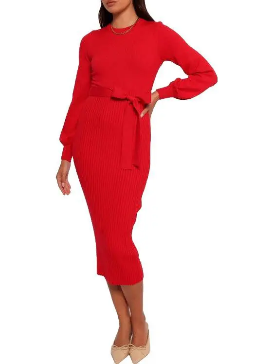 PETAL & PUP Helena Belted Long Sleeve Sweater Dress - Red