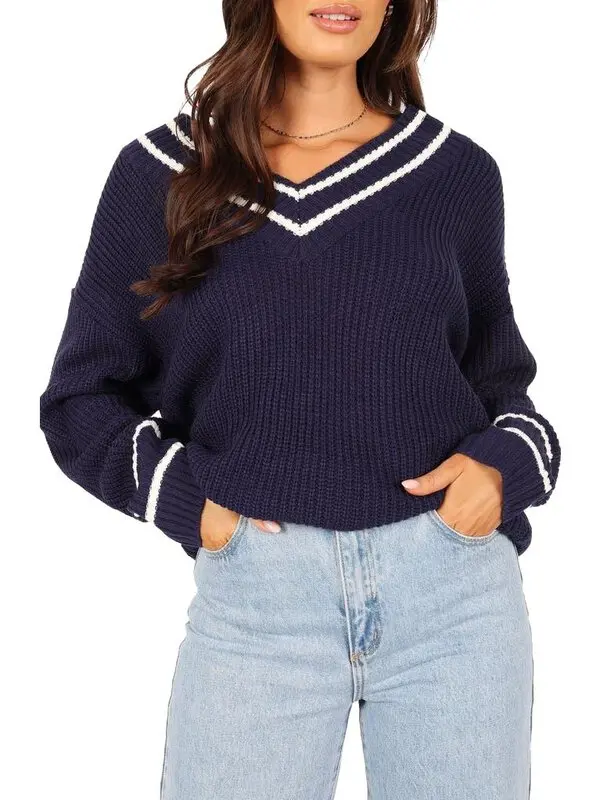PETAL & PUP Leanna Striped Trim Sweater - Navy