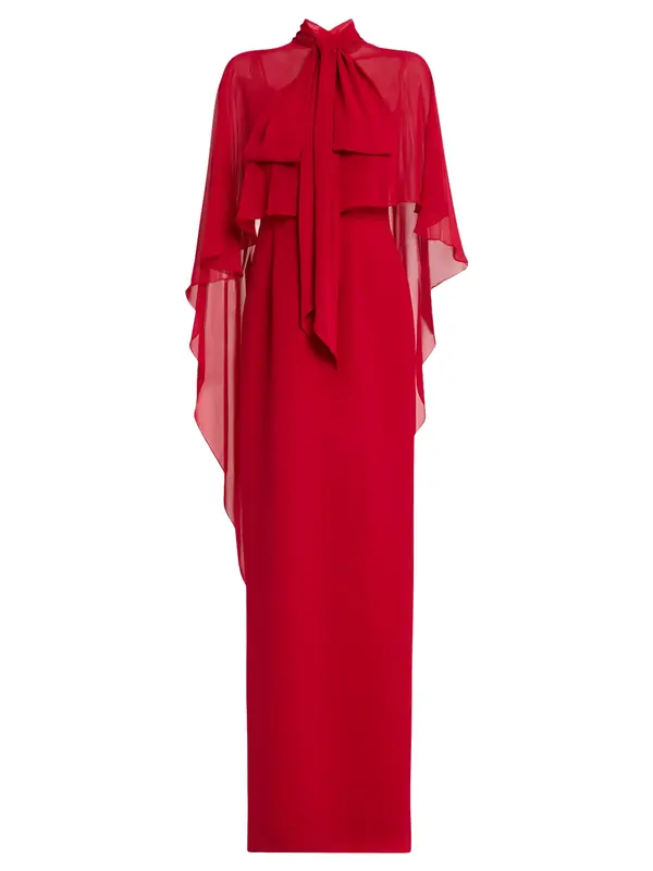 Rickie Freeman For Teri Jon Draped Tie-neck Cape Column Gown - Red