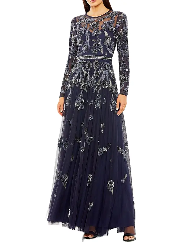 Mac Duggal Long Sleeve High Neck Floral Beaded A-line Gown - Midnight Multi