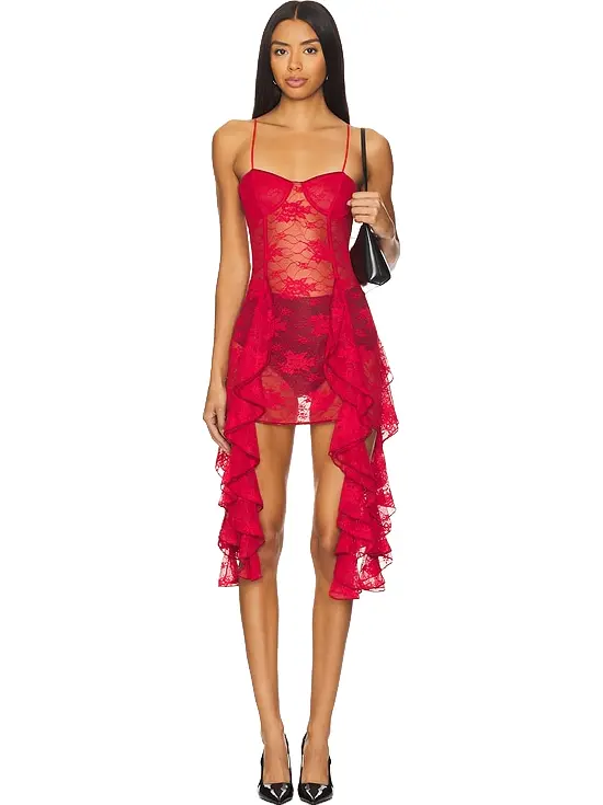 Oseree Soft Lace Volant Mini Dress - Red