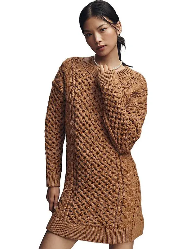 English Factory Long-sleeve Cable Knit Mini Dress - Camel