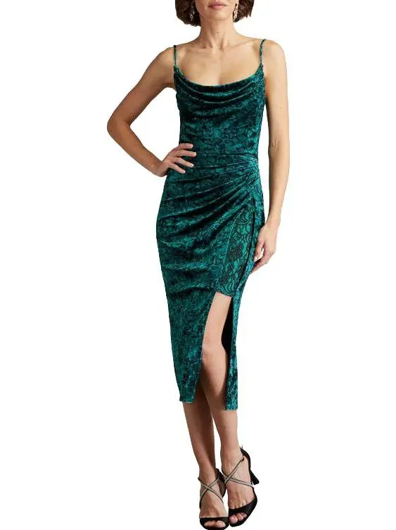 Tadashi Shoji Snakeskin Print Ruched Midi Dress - Emerald/ Black