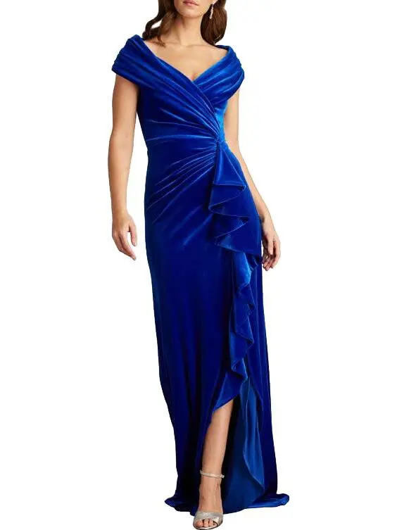Tadashi Shoji Portrait Collar Velvet Gown - Blue Bell