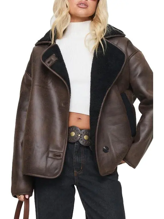 Princess Polly Nunez Faux Shearling Lined Faux Leather Jacket - Brown