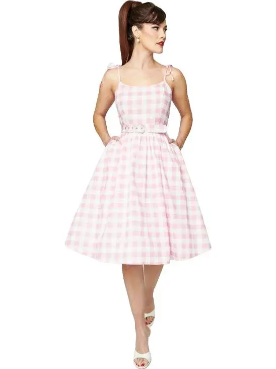 Unique Vintage Bobbie Swing Dress - Light Pink & White Gingham
