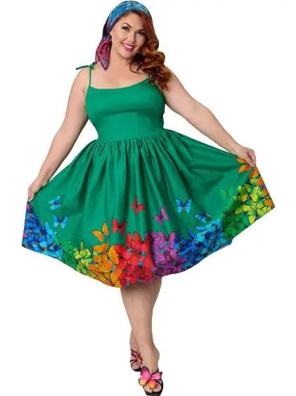 Unique Vintage 1950s Bobbie Swing Dress - Green W/rainbow Butterflies