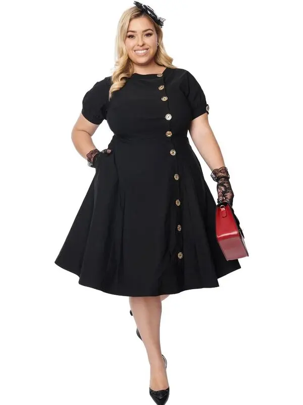 Unique Vintage Woven Swing Dress - Black