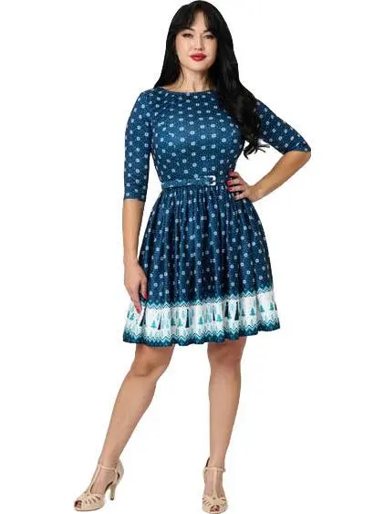 Unique Vintage Boat Neck Stephanie Fit & Flare Dress - Blue