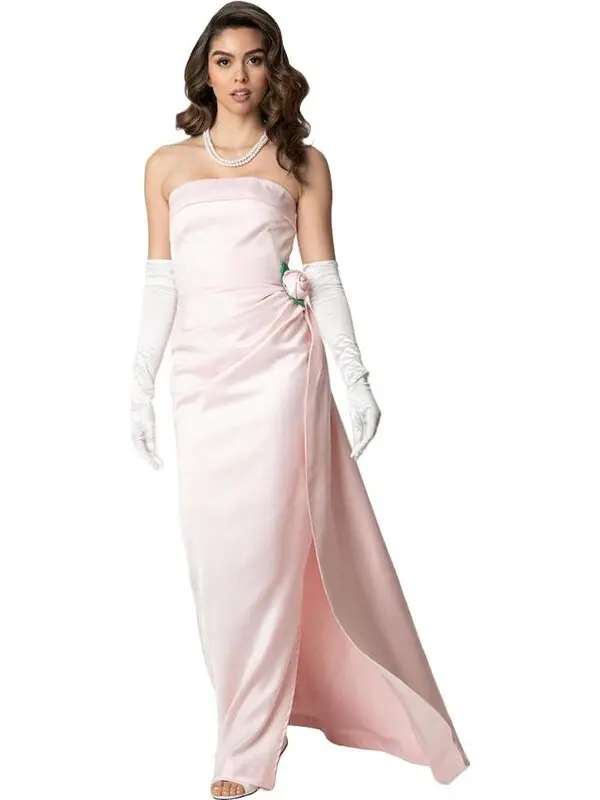Unique Vintage Strapless Evening Gown With Cascade Train - Light Pink
