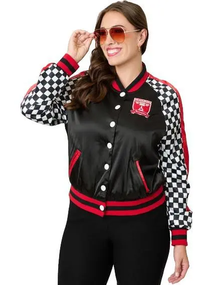 Unique Vintage Satin Bomber Jacket - Black Checkered