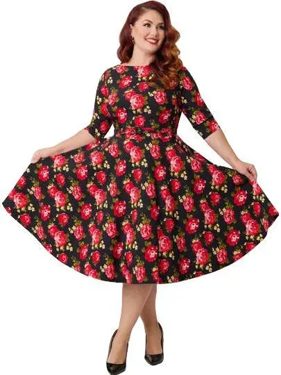 Unique Vintage Devon Swing Dress - Black & Red Roses
