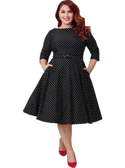 Unique Vintage Devon Swing Dress - Black & White Polka Dot