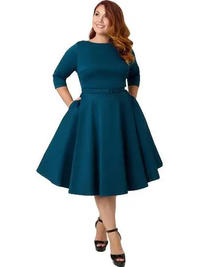 Unique Vintage Devon Swing Dress - Dark Teal
