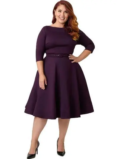 Unique Vintage Devon Swing Dress - Eggplant Solid