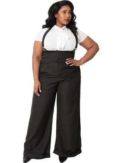 Unique Vintage Thelma High-waist Suspender Pants - Black