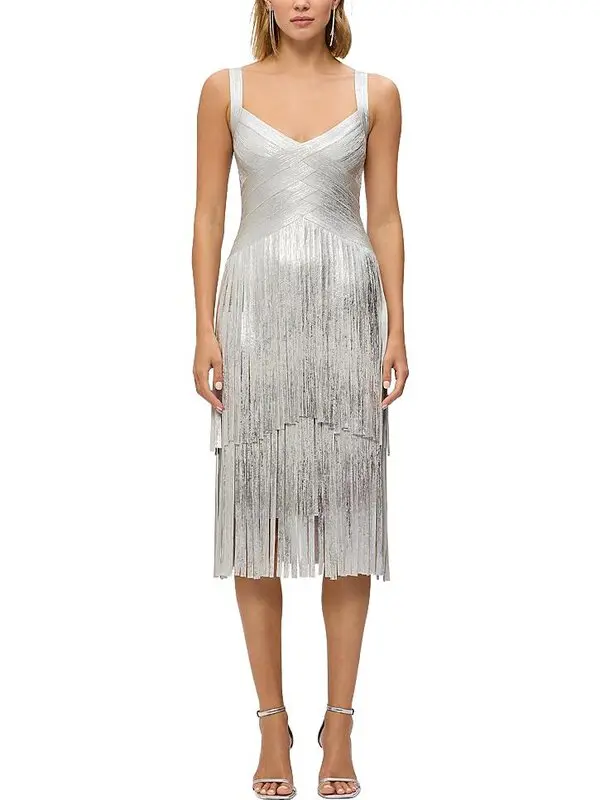 Herve Leger Metallic Mischa Dress - Silver Foil