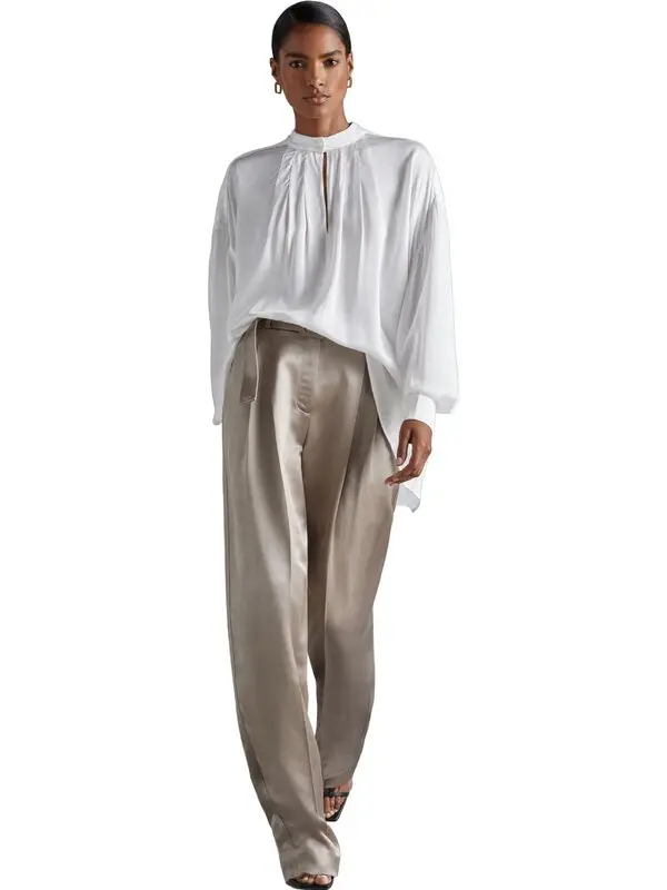 REISS Mia Atelier Belted Satin Trousers - Champagne