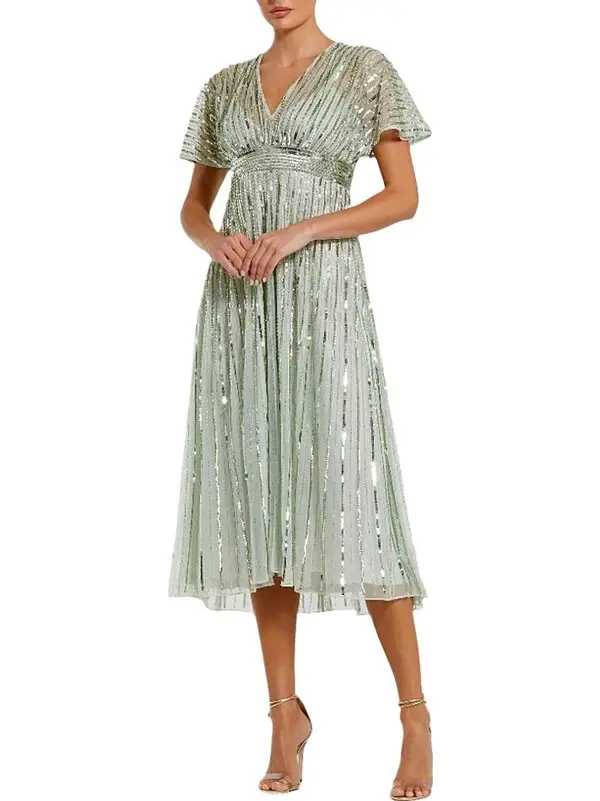 Mac Duggal Embellished Short Sleeve Dress - Sage