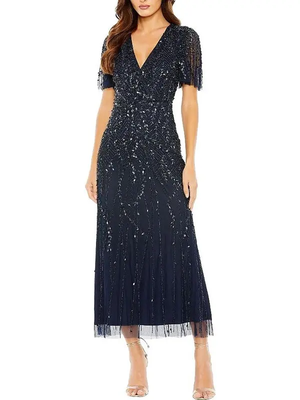 Mac Duggal Beaded Wrap Column Dress - Midnight