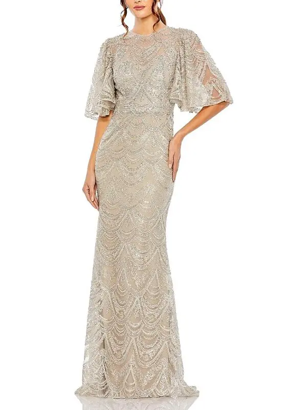 Mac Duggal Flutter Sleeve High Neck Gown - Taupe