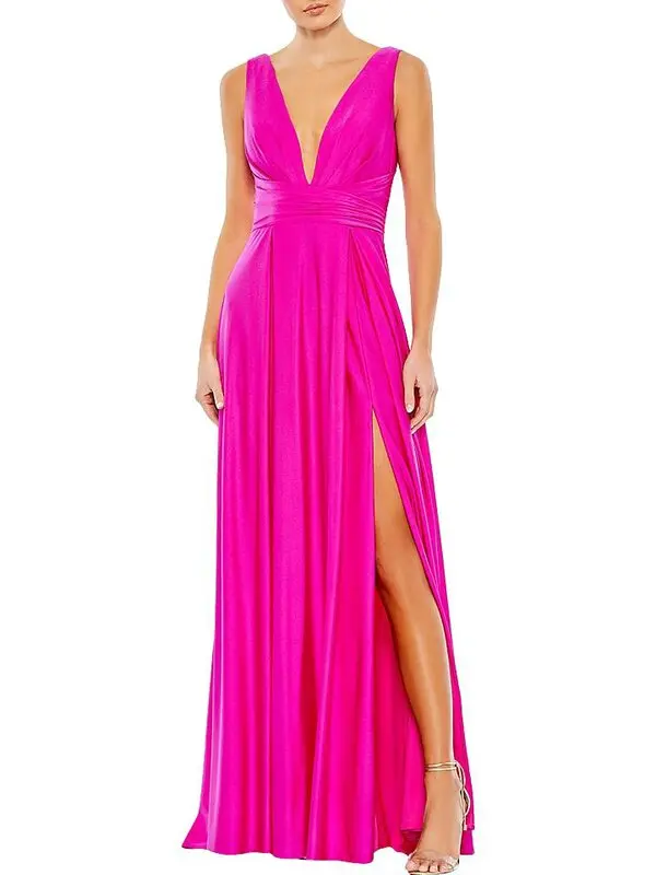 Mac Duggal Ieena Jersey Plunge Neck Gown - Hot Pink