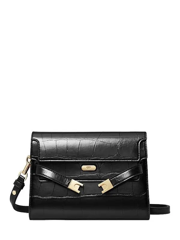 Tory Burch Lee Radziwill Croc-embossed Shoulder Bag - Black/gold