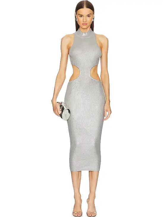 MICHAEL COSTELLO Calista Cut Out Long Midi Dress - Silver Foil