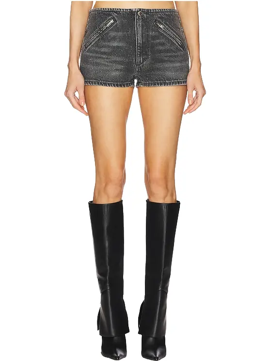 Alexander Wang Moto Embellished Denim Shorts - Black Crackle Grey