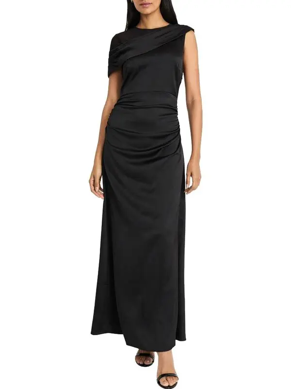 Maggy London Draped Mesh-shoulder Satin Dress - Black