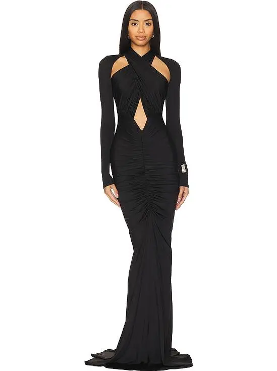 Lapointe Halterneck Gown With Front Cut Out And Ruching - Black