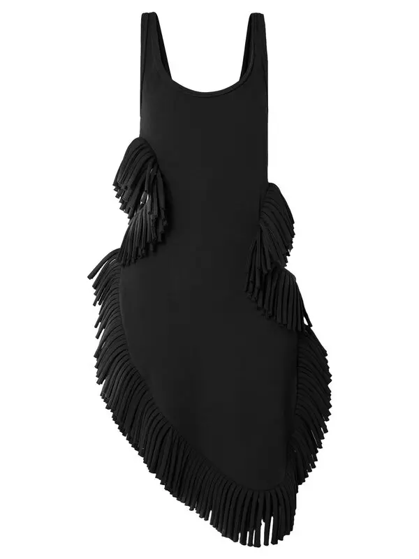 DIOTIMA Scatter Asymmetric Cutout Fringed Midi Dress - Black