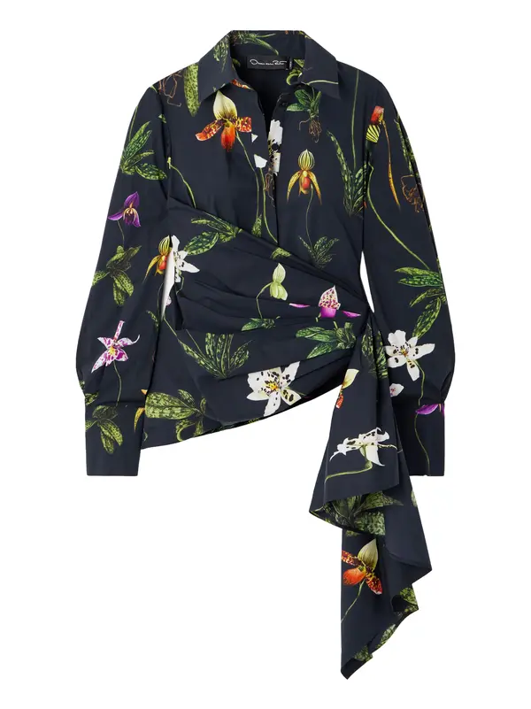 Oscar De La Renta Floral-print Asymmetric Shirt - Blue