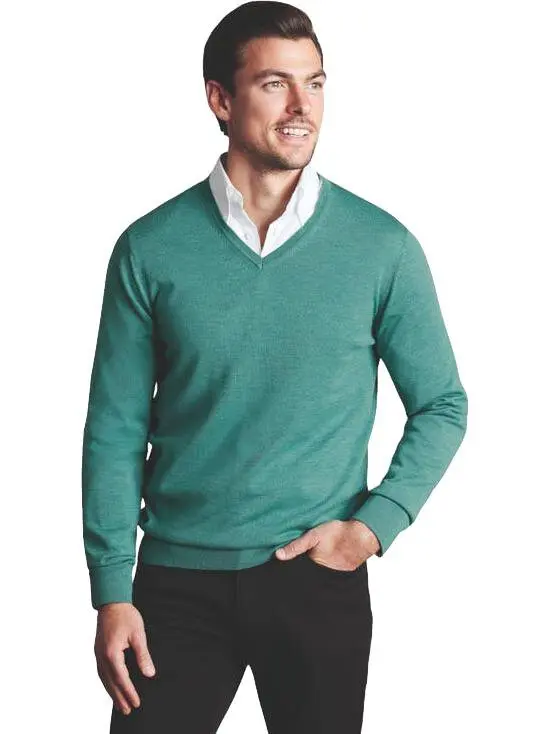 CHARLES TYRWHITT Pure Merino V-neck Sweater - Aqua Green