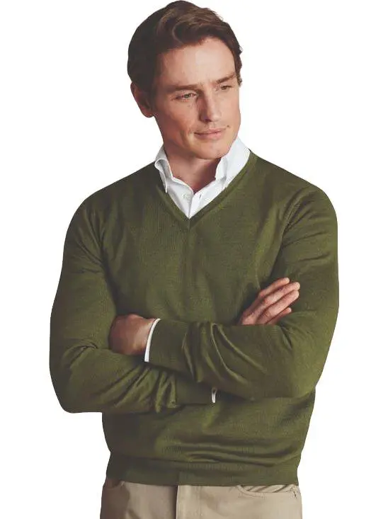 CHARLES TYRWHITT Pure Merino V-neck Sweater - Moss Green